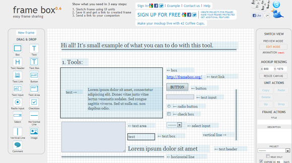 FrameBox: ง่าย Wireframe บรรณาธิการออนไลน์