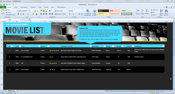 Список фильмов Шаблон электронной таблицы для Excel 2013