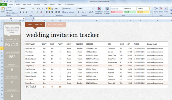 Invita Wedding List Modello Per Excel 2013