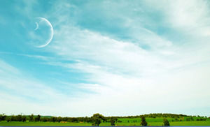 Tiga langit biru gambar latar belakang hijau pohon PPT awan putih ...